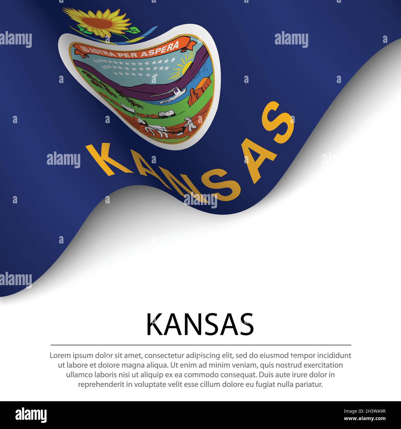 Waving flag of Kansas is a state of USA on white background. Banner or ...