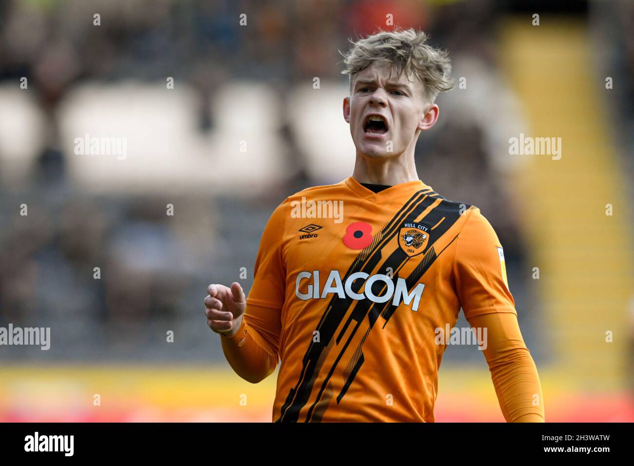 Hull, UK. 30th Oct, 2021. Keane Lewis-Potter #11 of Hull City reacts ...