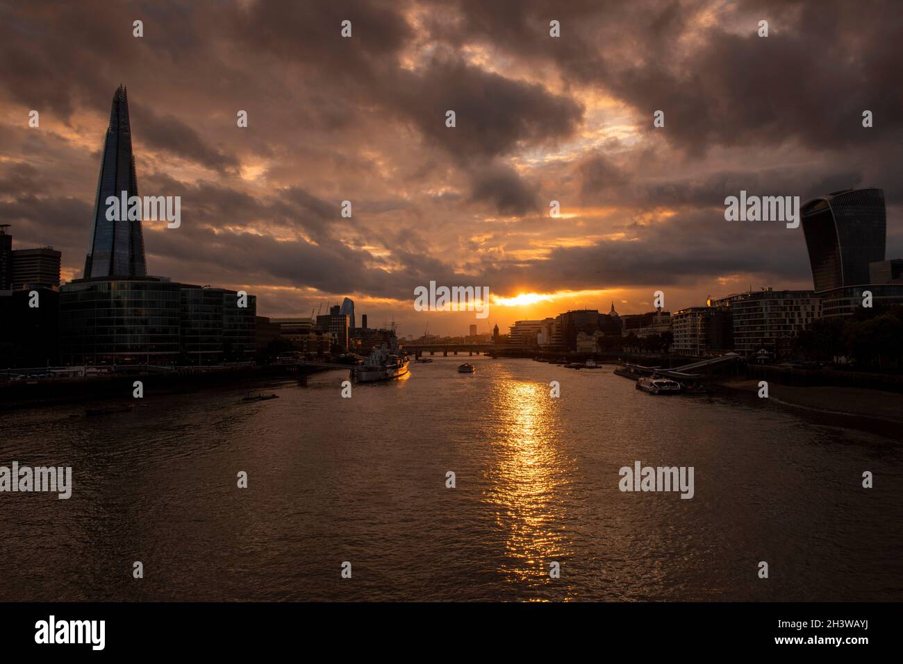 Sunset on the River Thames, captured from Tower Bridge, London England ...