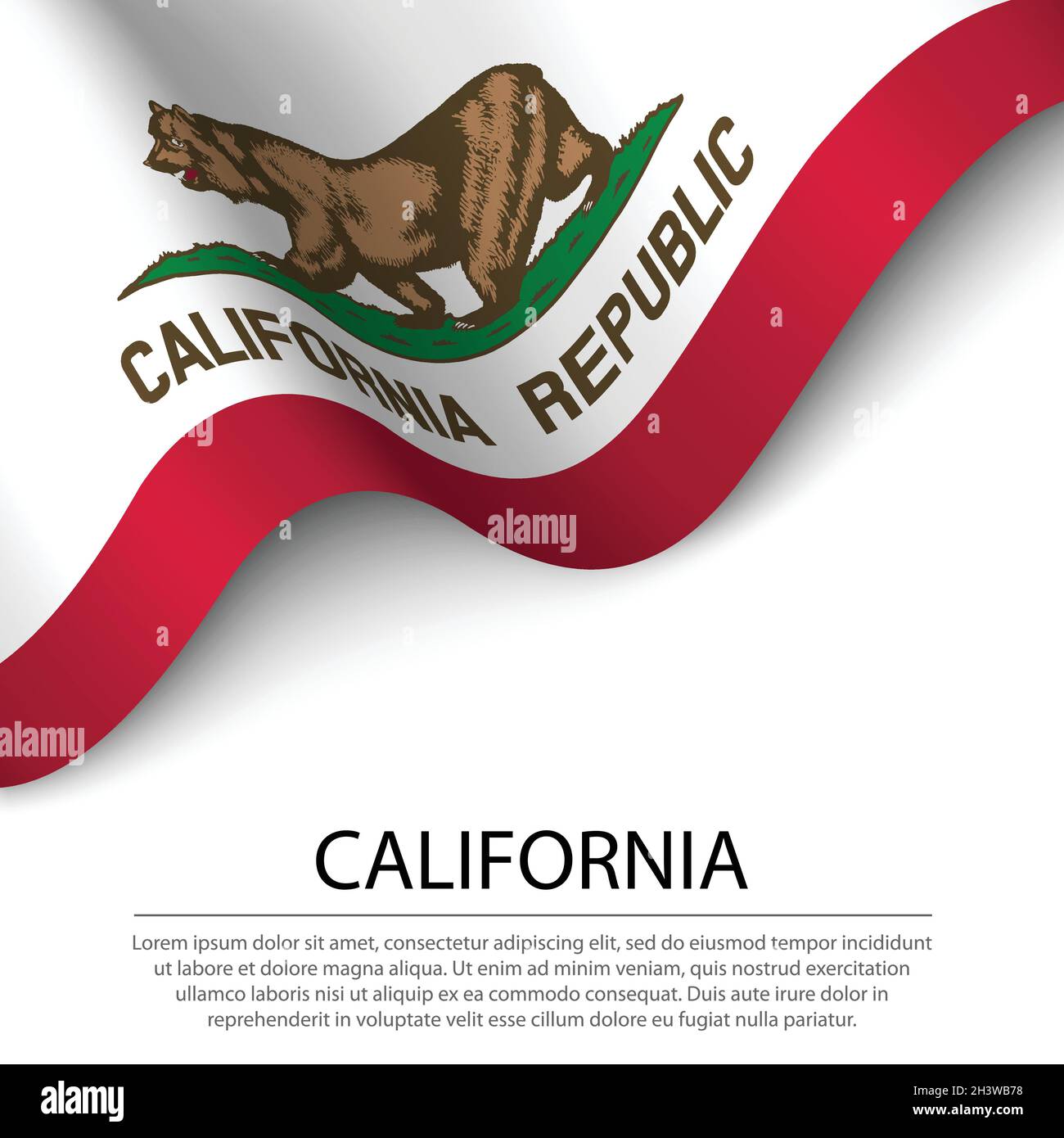 Waving flag of California is a state of USA on white background. Banner ...