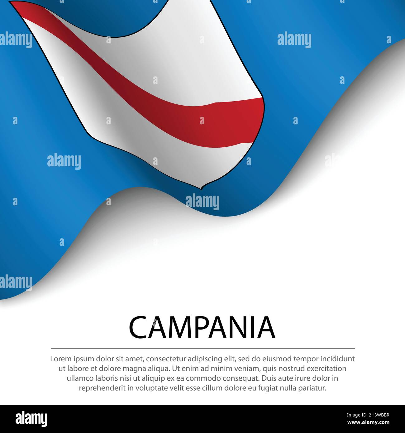 Waving flag of Campania is a region of Italy on white background ...