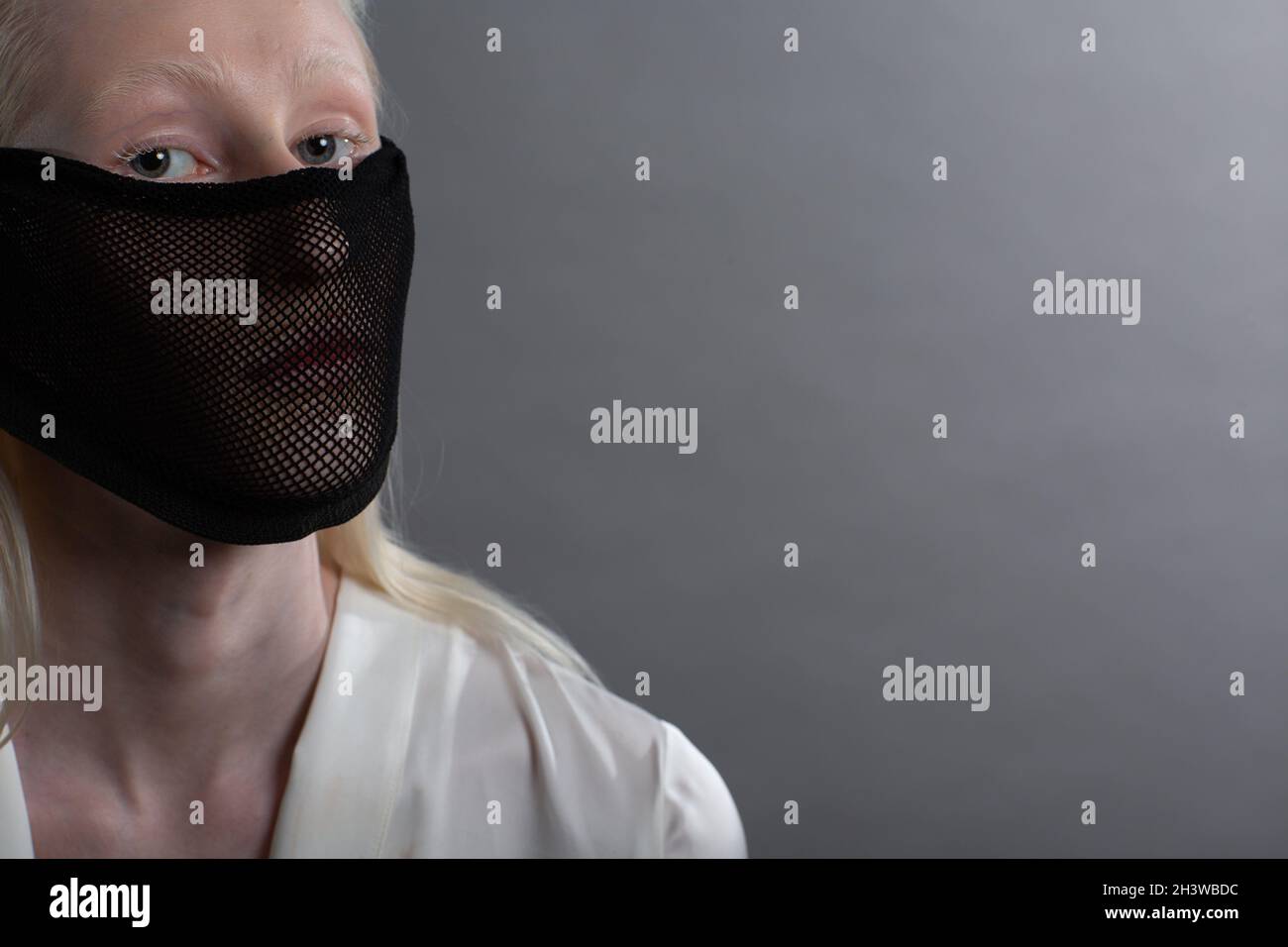Closeup portrait of white caucasian albino blond woman fashion model ...