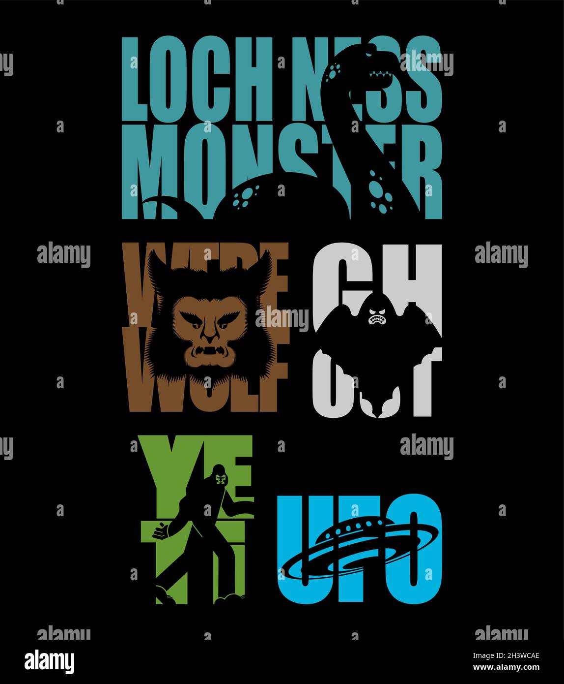 Paranormal Lettering. Werewolf and zombies Typography. UFO and Yeti ...