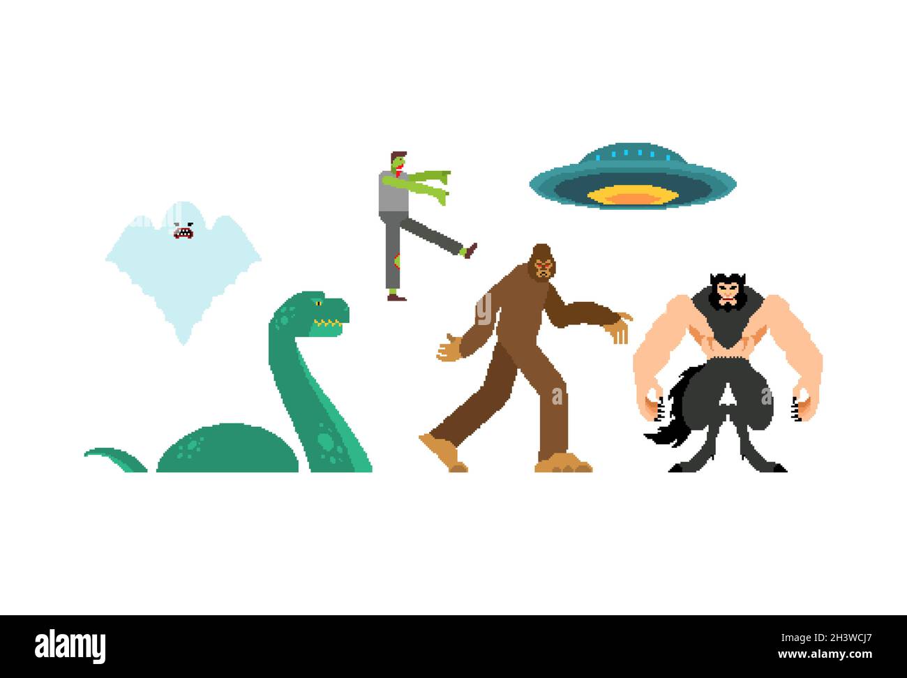 Paranormal pixel art. Werewolf and zombies 8 bit. pixelated UFO and ...