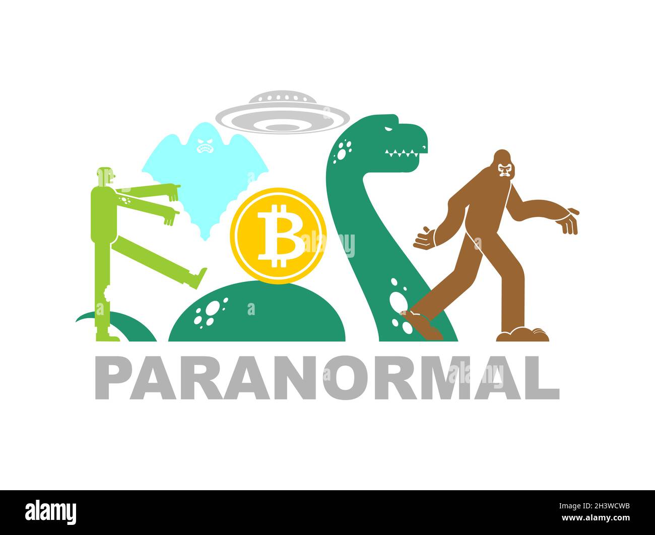 Paranormal object Concept. Bitcoin and zombies. UFO and Yeti. Loch Ness ...