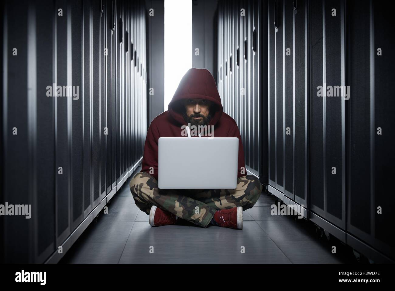 The hacker in a hood sits with the computer among servers, the burglar ...