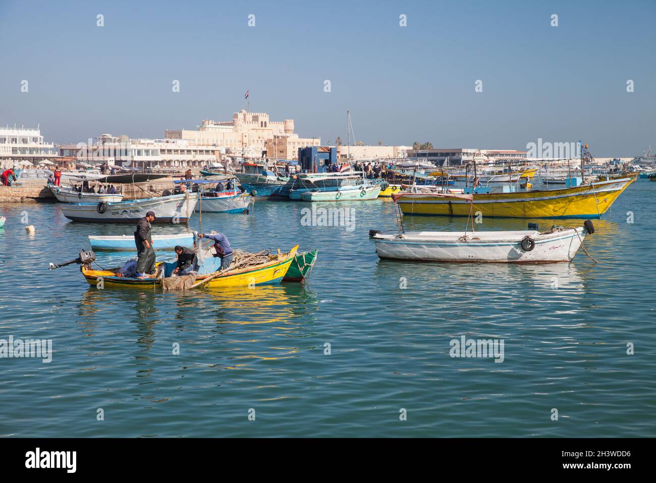 Alexandria, Egypt - December 14, 2018: Fishermen are in a boat in old ...