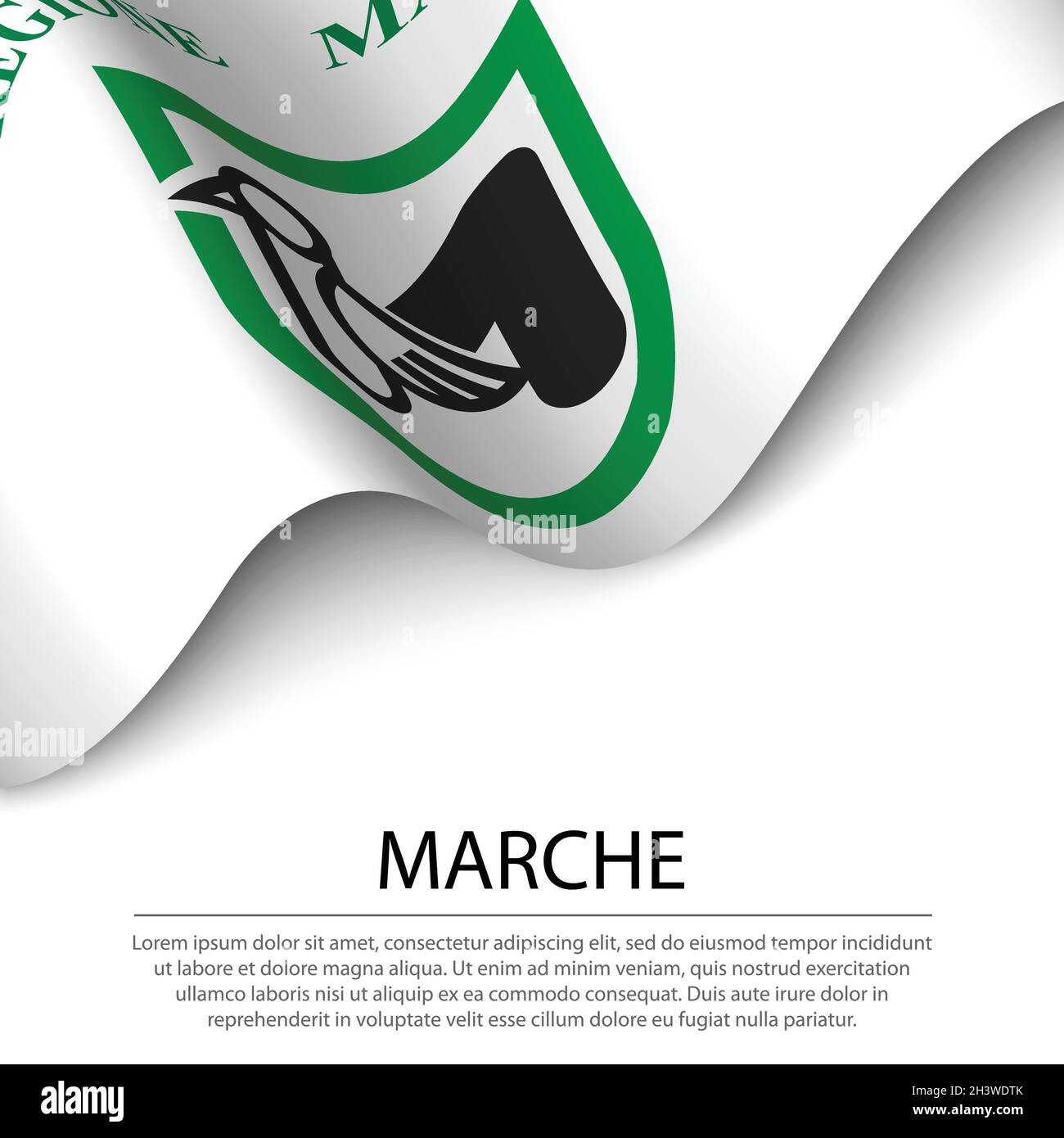 Waving flag of Marche is a region of Italy on white background. Banner ...