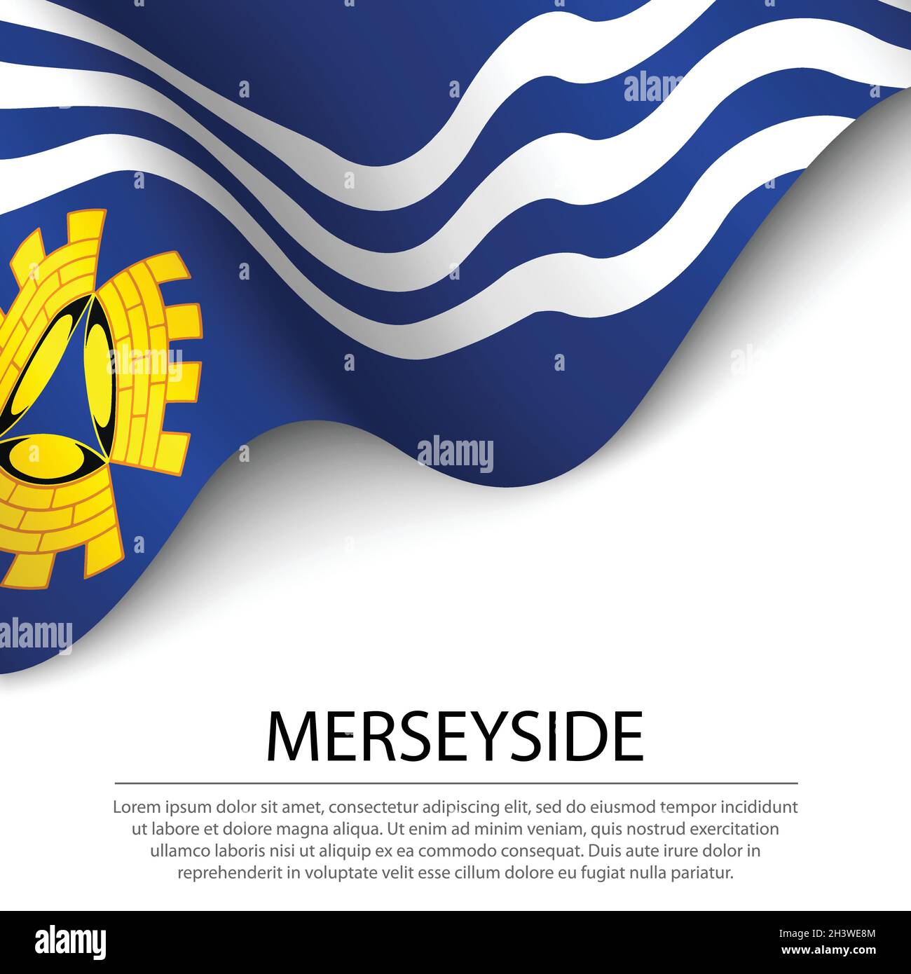 Waving flag of Merseyside is a county of England on white background ...