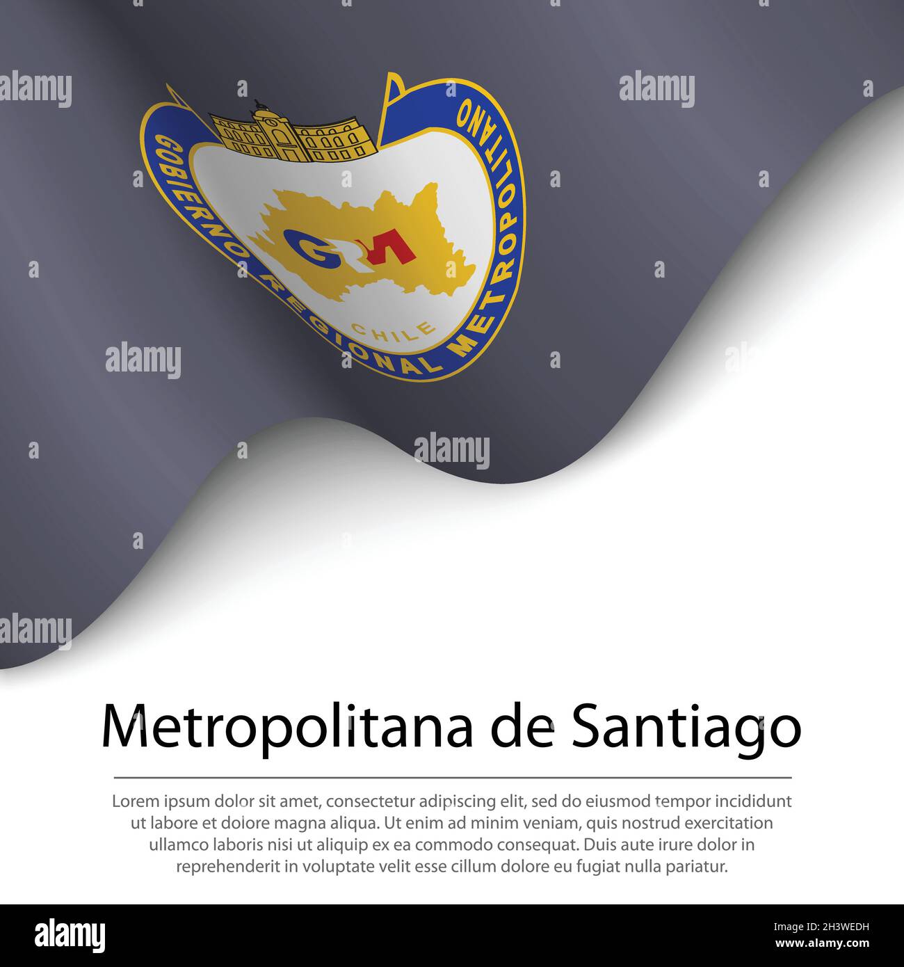 Waving flag of Metropolitana de Santiago is a region of Chile on white ...