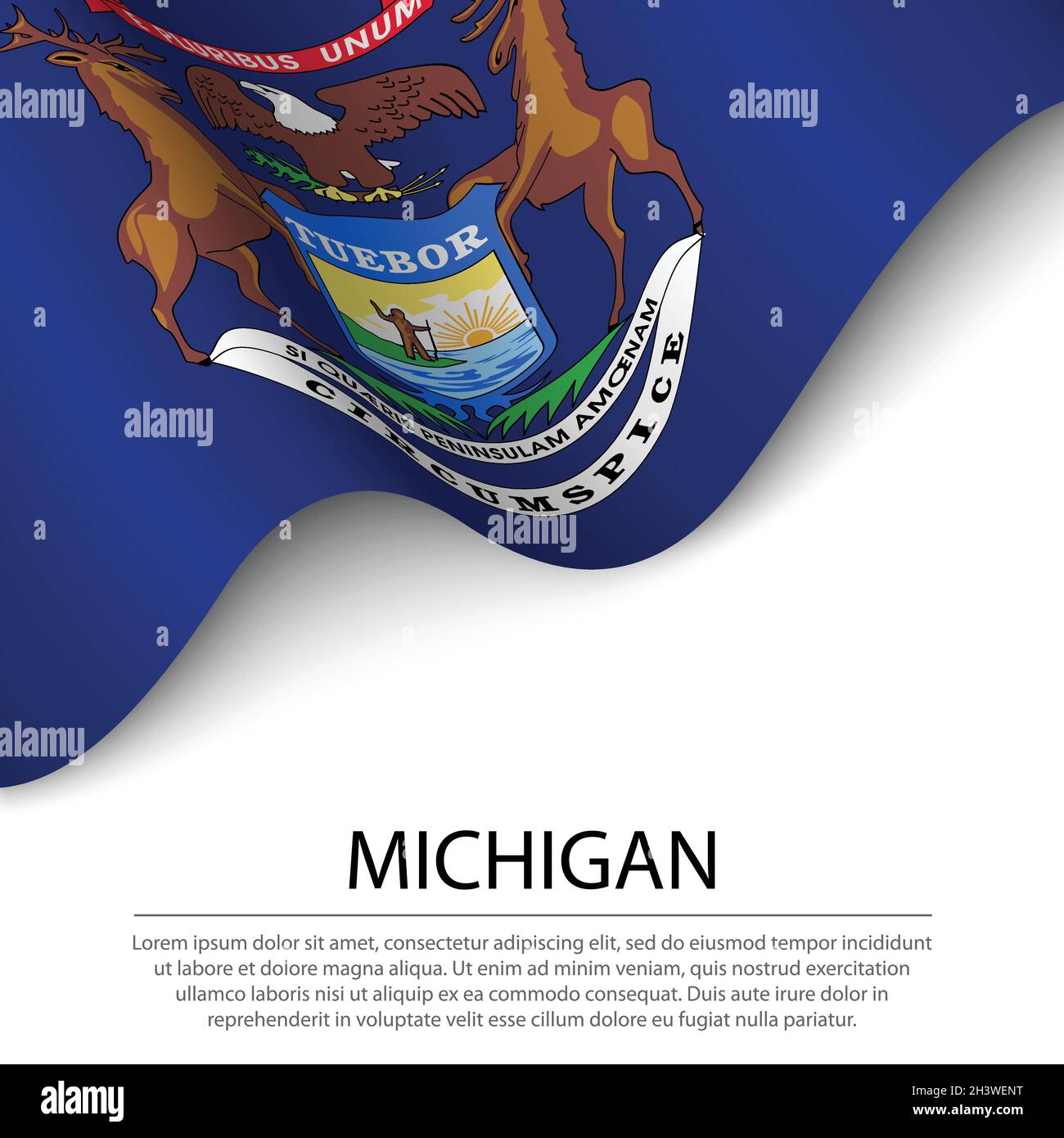 Waving flag of Michigan is a state of USA on white background. Banner ...