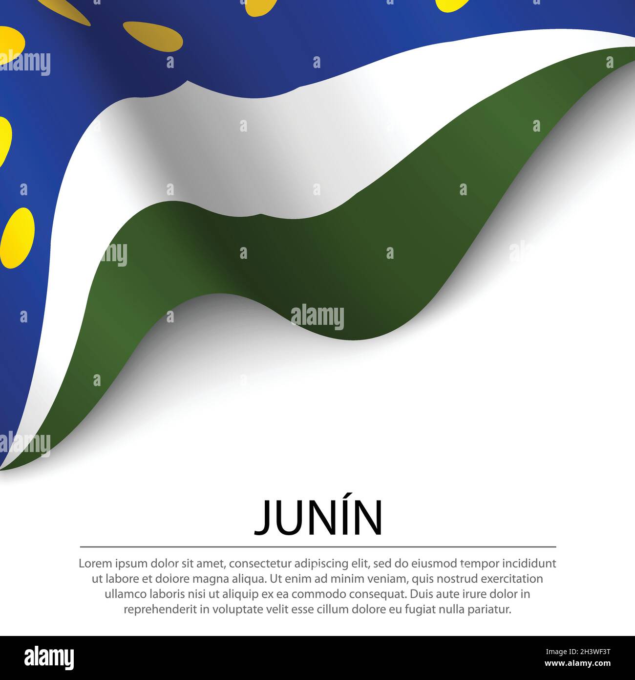 Waving flag of Junin is a region of Peru on white background. Banner or ...