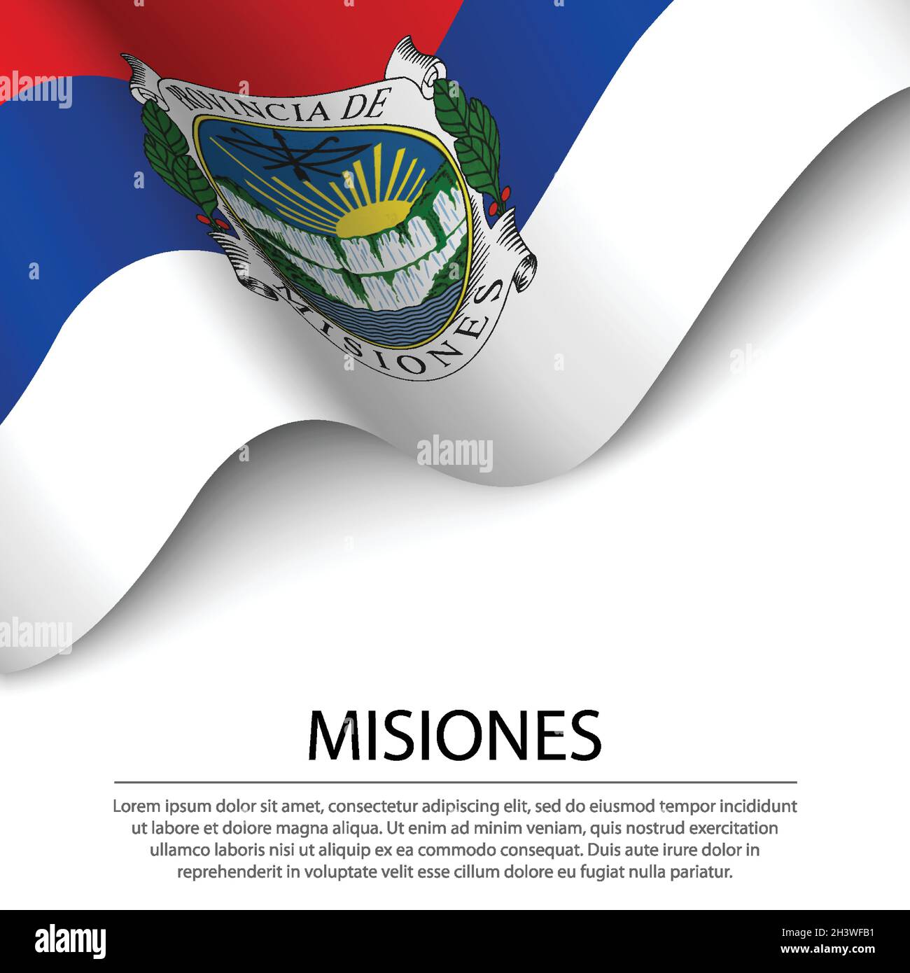 Waving flag of Misiones is a region of Argentina on white background ...
