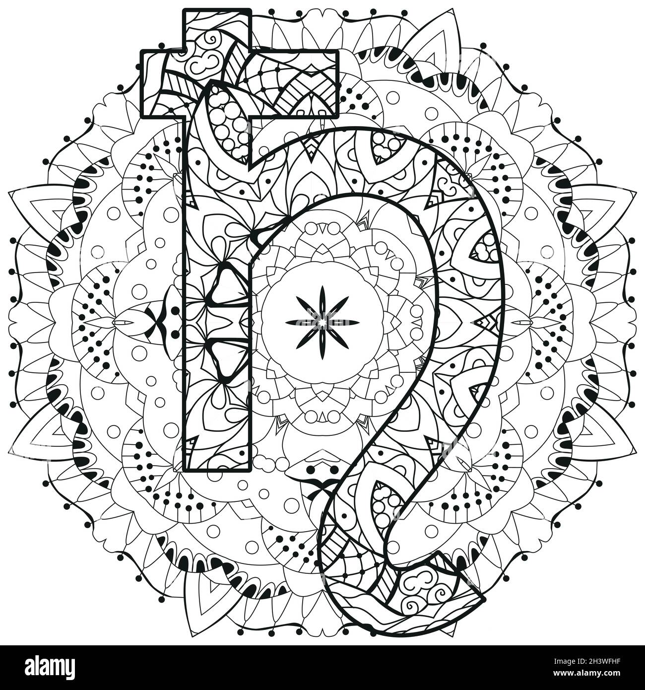 Vector handdrawn illustation of Saturn sign with mandala for coloring ...