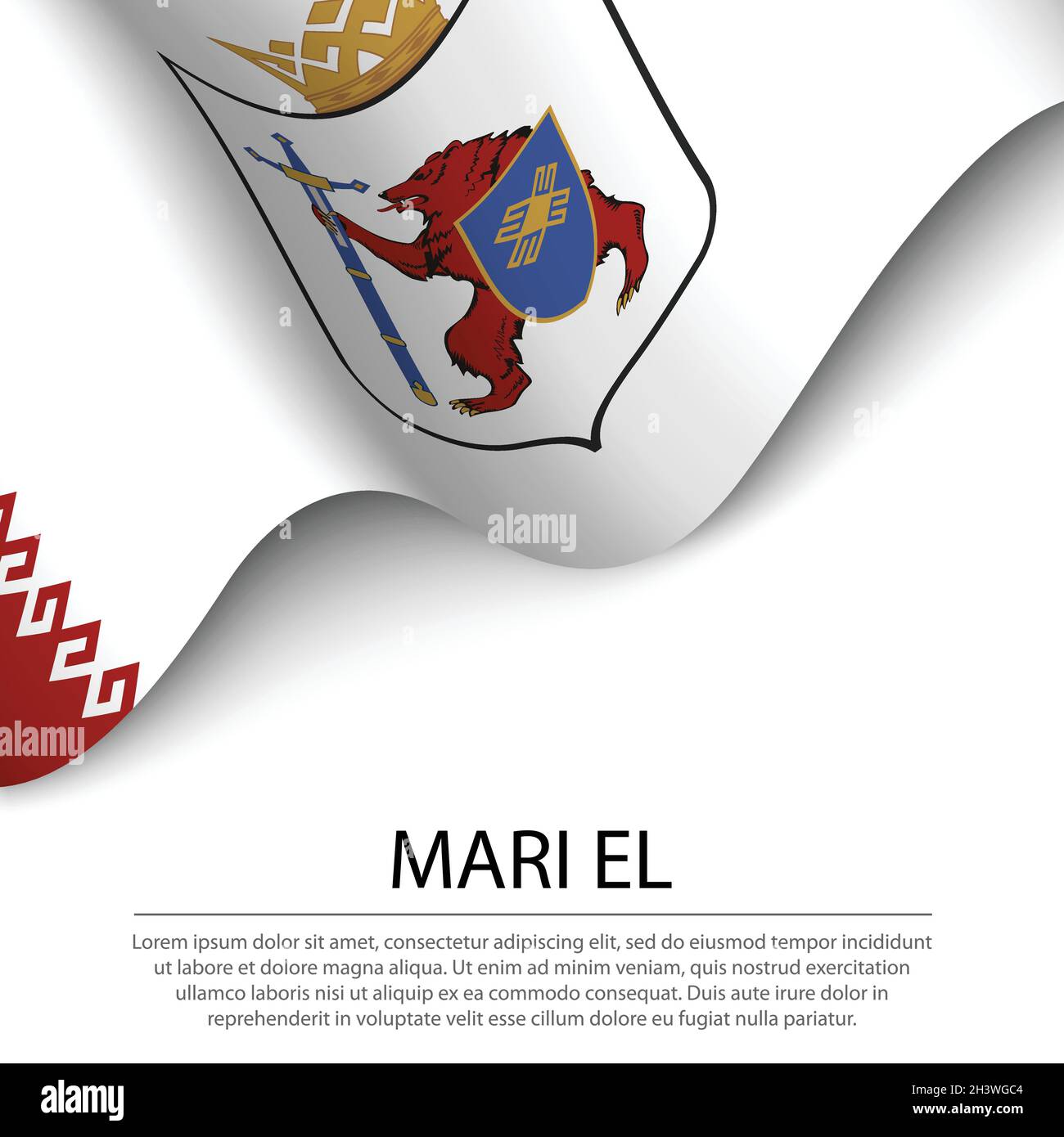 Waving flag of Mari El is a region of Russia on white background ...