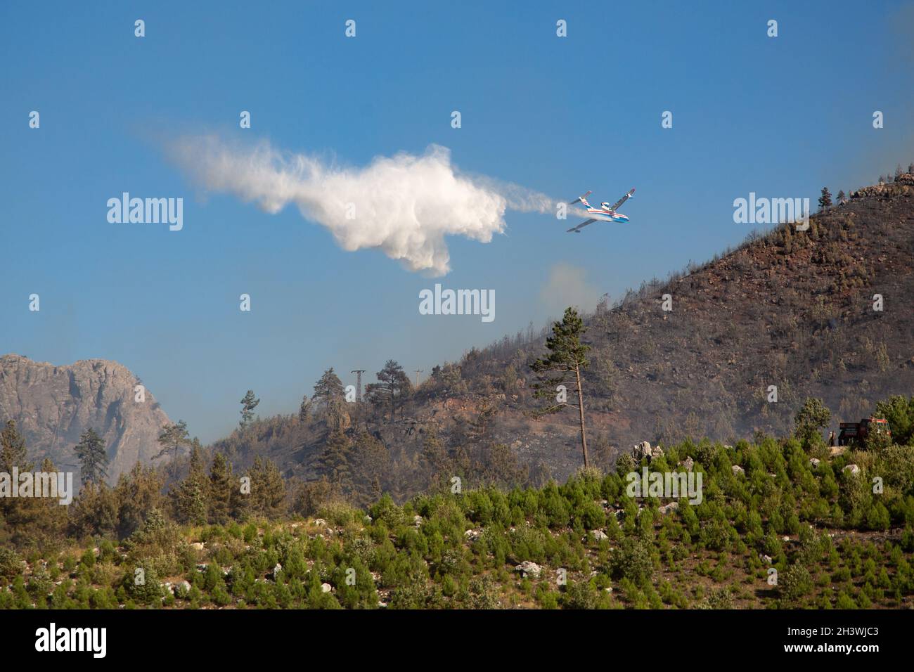 Forest fire extinguisher plane drops water on a forest fire in a steep ...