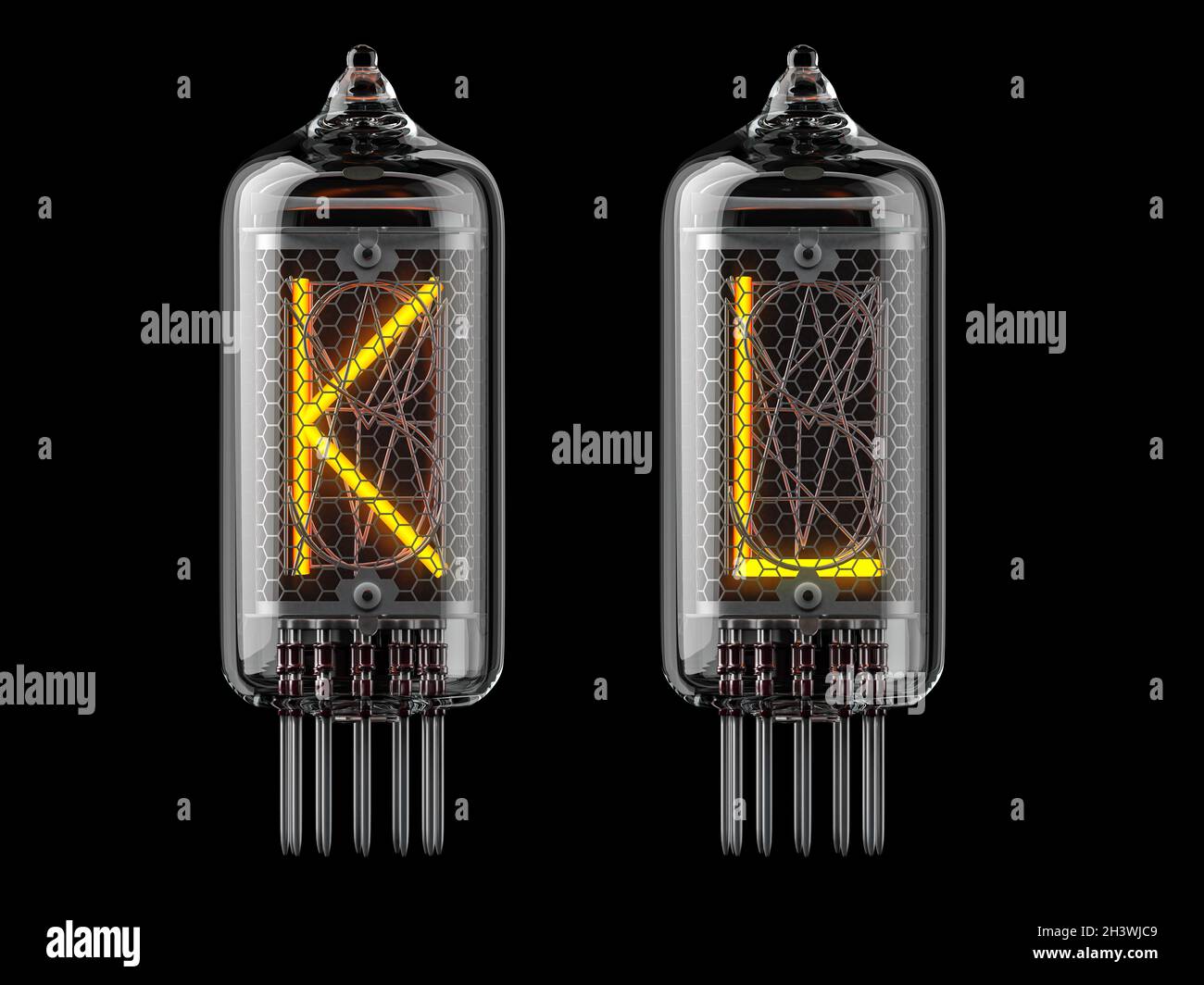 Nixie tube indicator. Letters k and l on black background. 3d ...