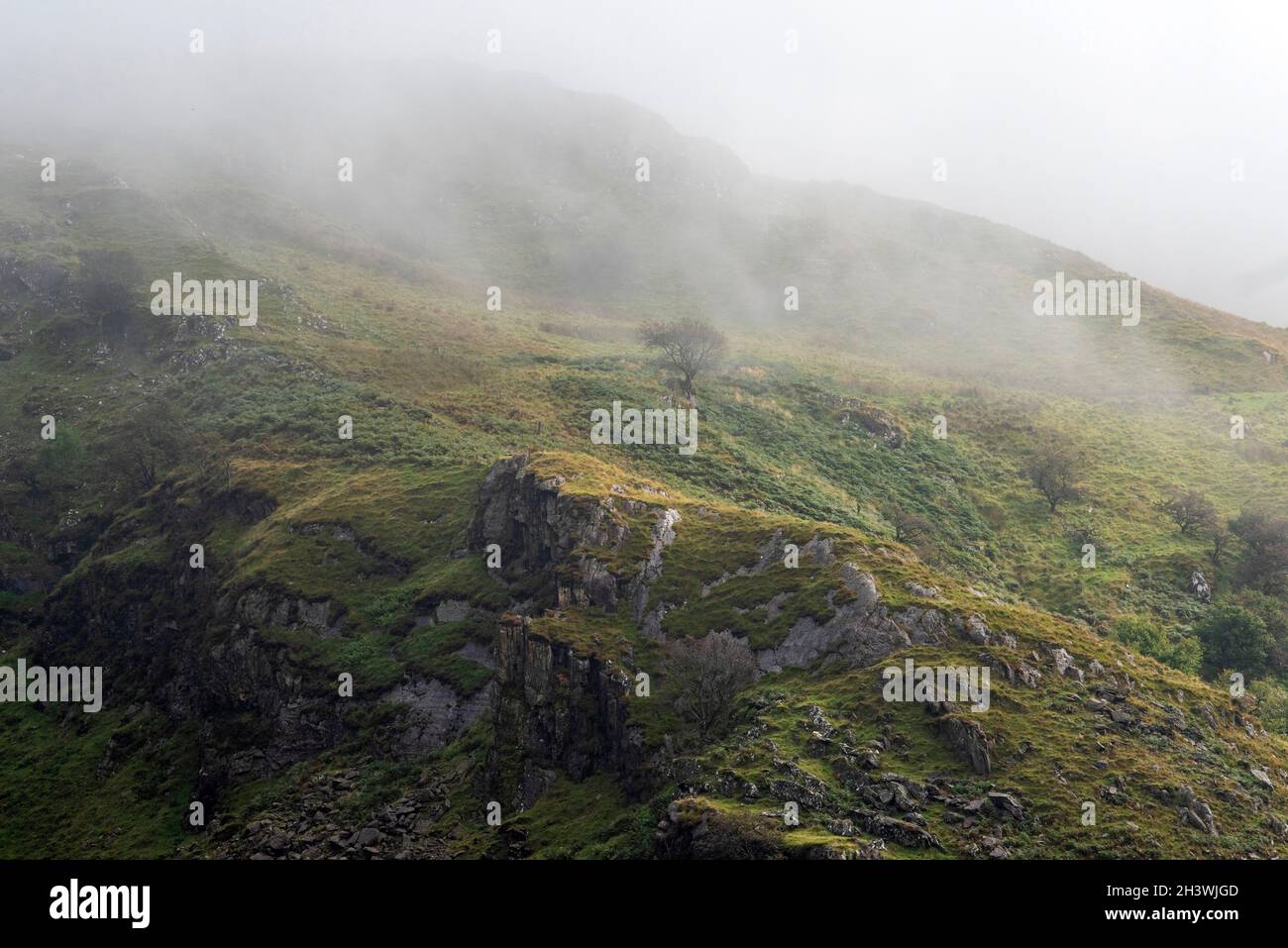 Low lying cloud and mist in Nant Gwynant Snowdonia National Park, Wales ...
