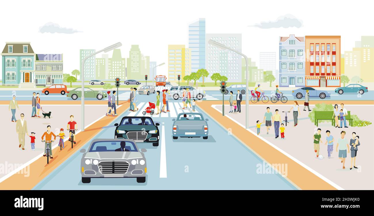 Families and people on the sidewalk with road traffic illustration ...
