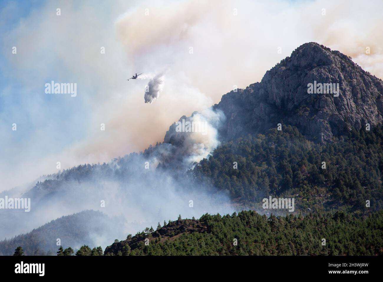 Forest fire extinguisher plane drops water on a forest fire in a steep ...
