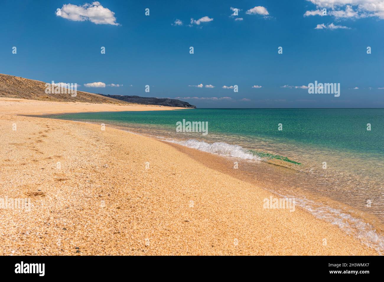 Empty beautiful soft golden sandy beach and sea. Isolated beach, no ...