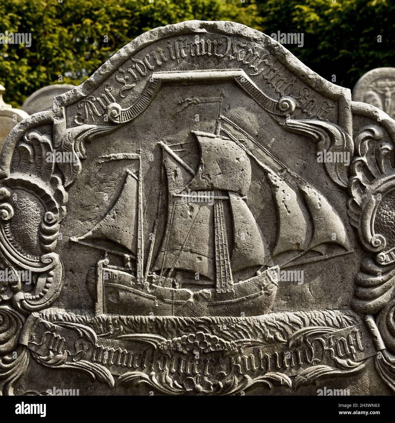 Talking tombstone in the cemetery of St. Clemens Church, Nebel, Amrum ...