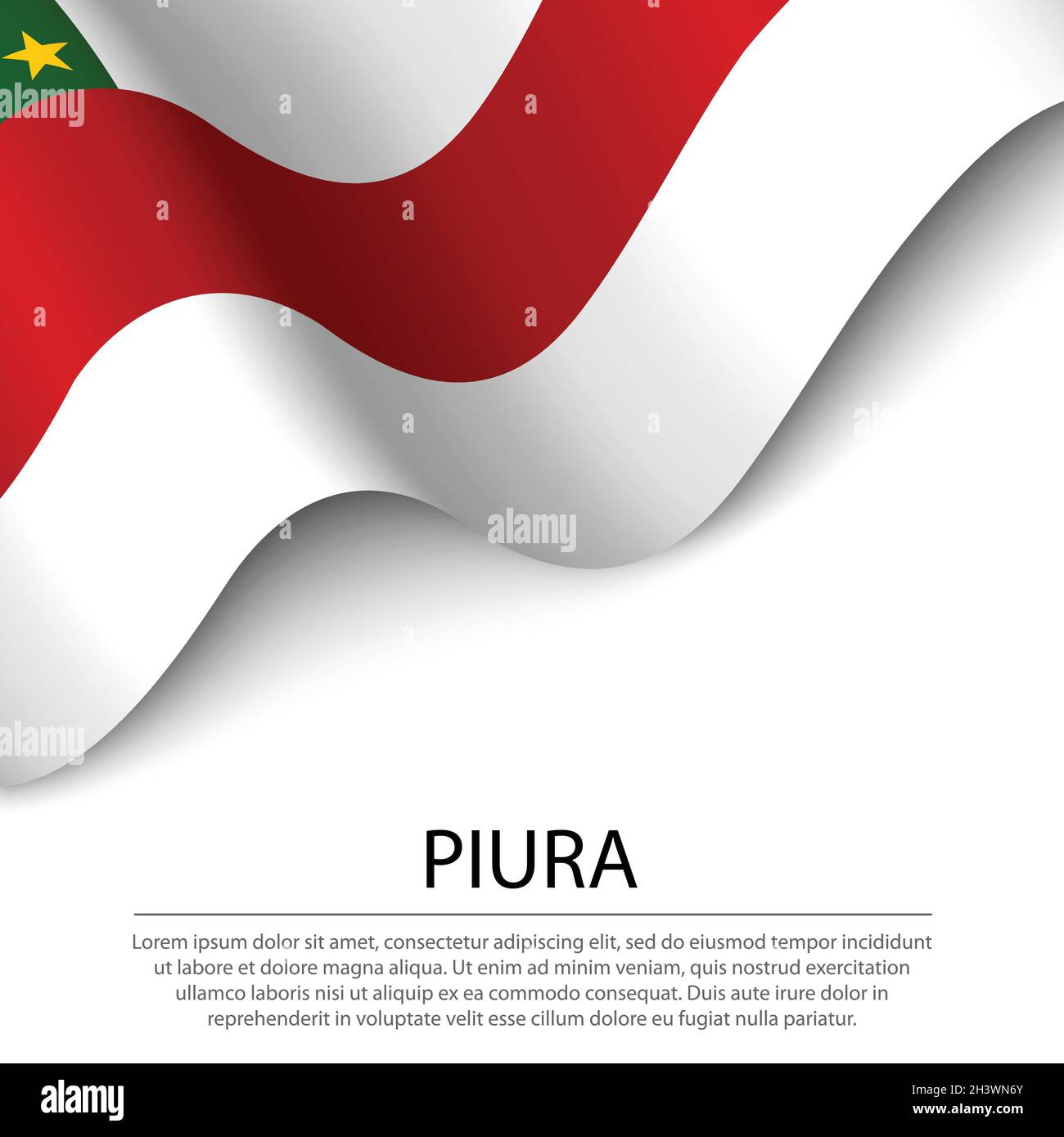 Waving flag of Piura is a region of Peru on white background. Banner or ...