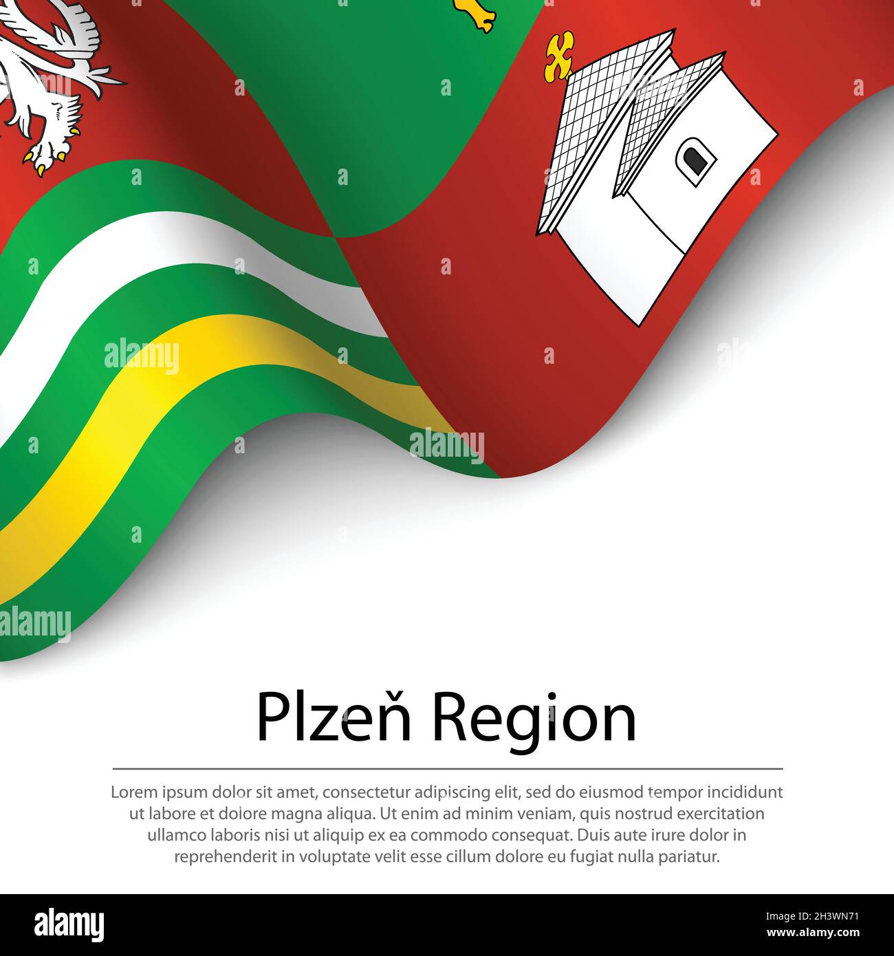 Waving flag of Plzen is a region of Czech Republic on white background ...