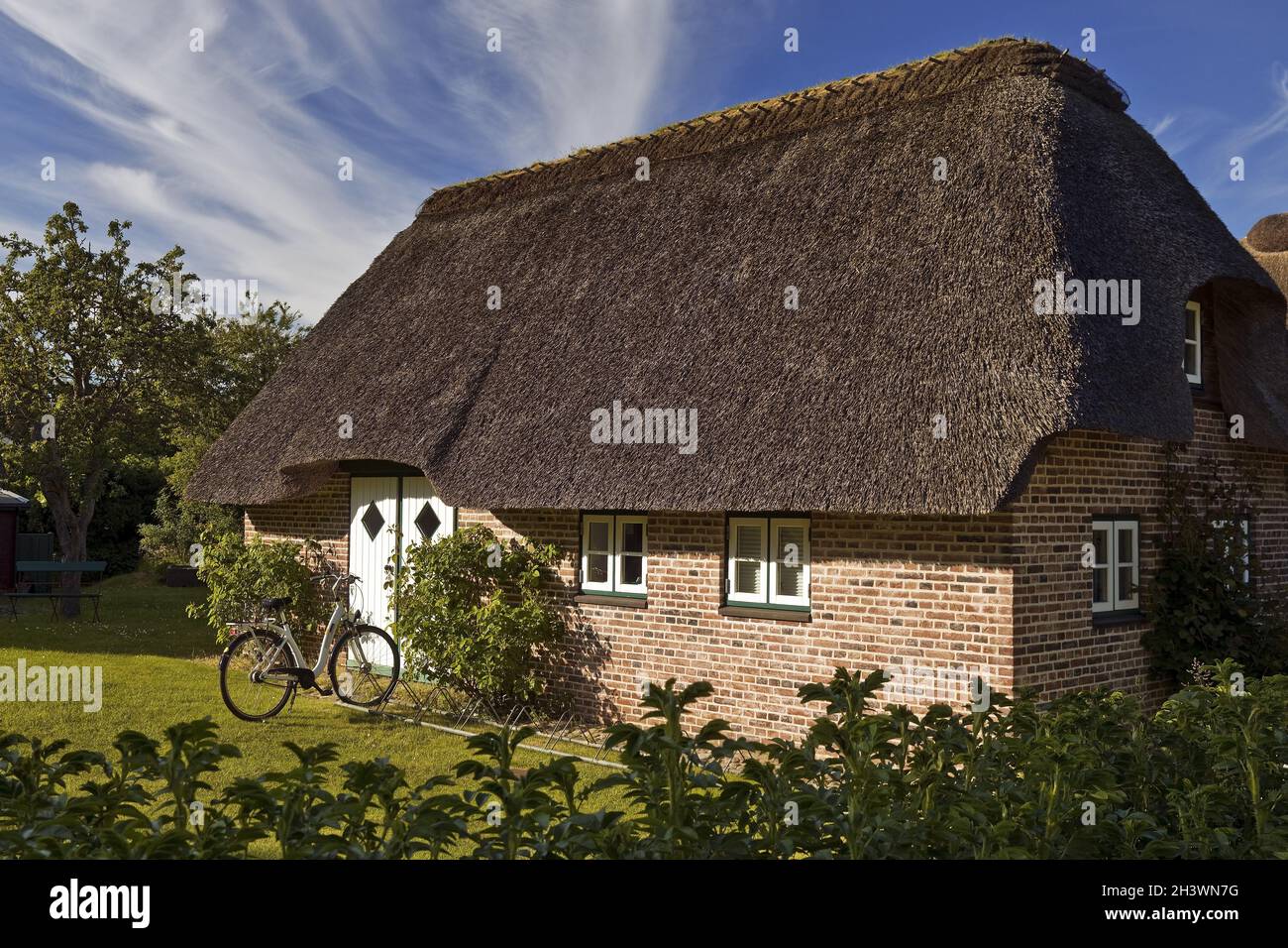Thatched roof house, Frisian house, Nebel, Amrum island, North Sea ...