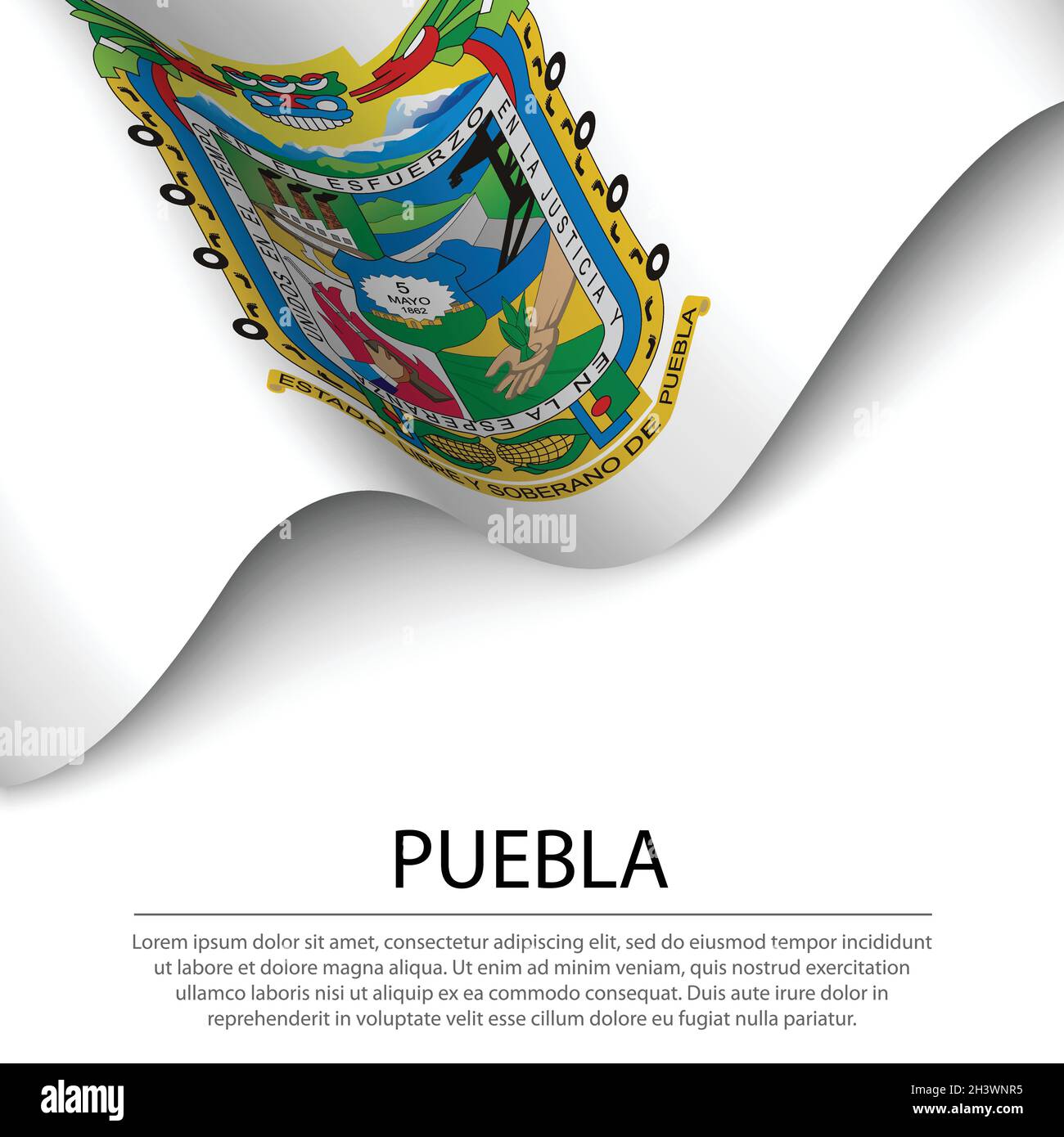 Waving flag of Puebla is a state of Mexico on white background. Banner ...