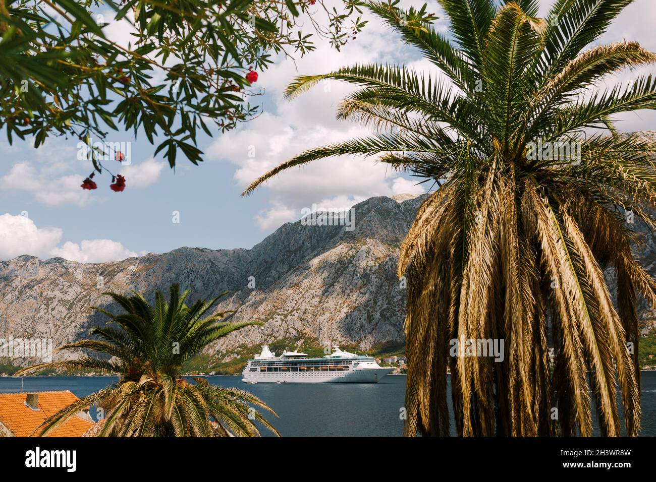 White cruise liner against the backdrop of rocky mountains. Moored ship ...