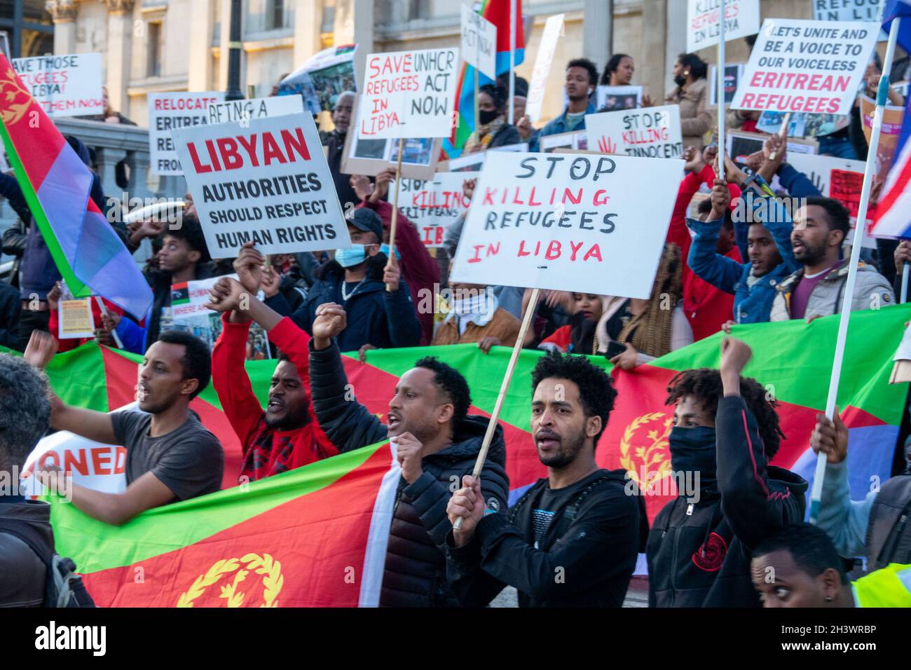A crowd of protesters gathered on the steps of Trafalgar Square ...
