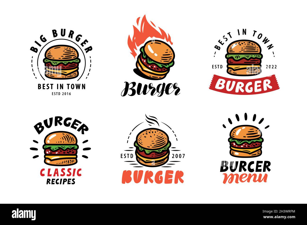 Burger logo set. Emblems or restaurant menu, cafe. Vector illustration ...