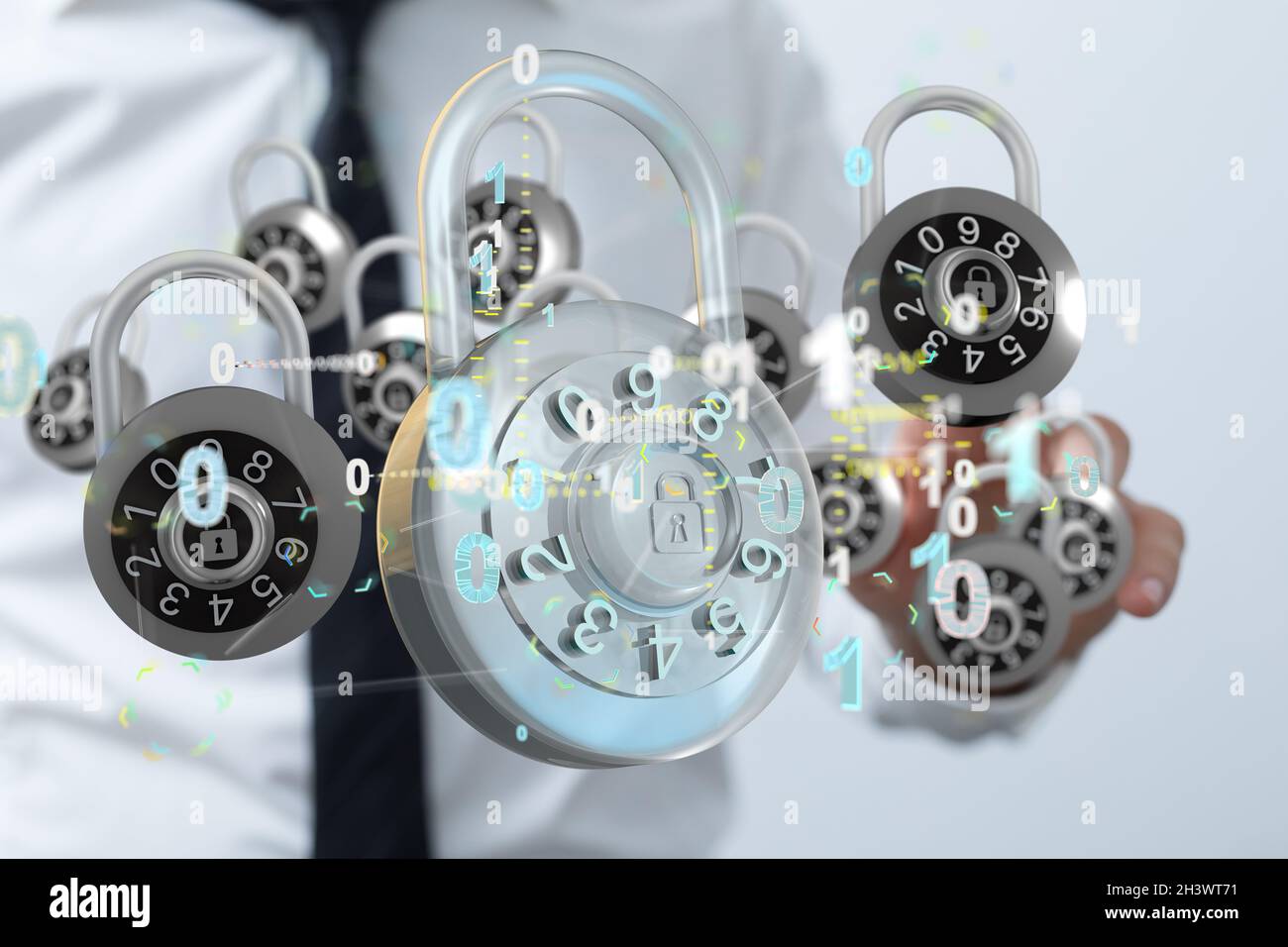 3D rendering of a digital padlock with binary codes on a hand Stock ...