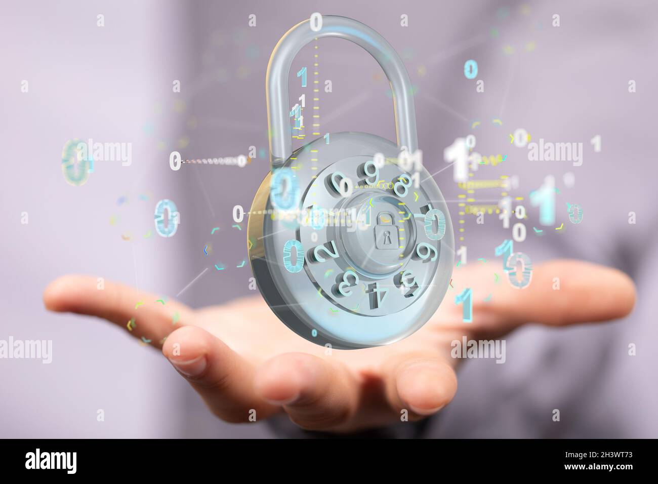 3D rendering of a digital padlock with binary codes on a hand Stock Photo - Alamy