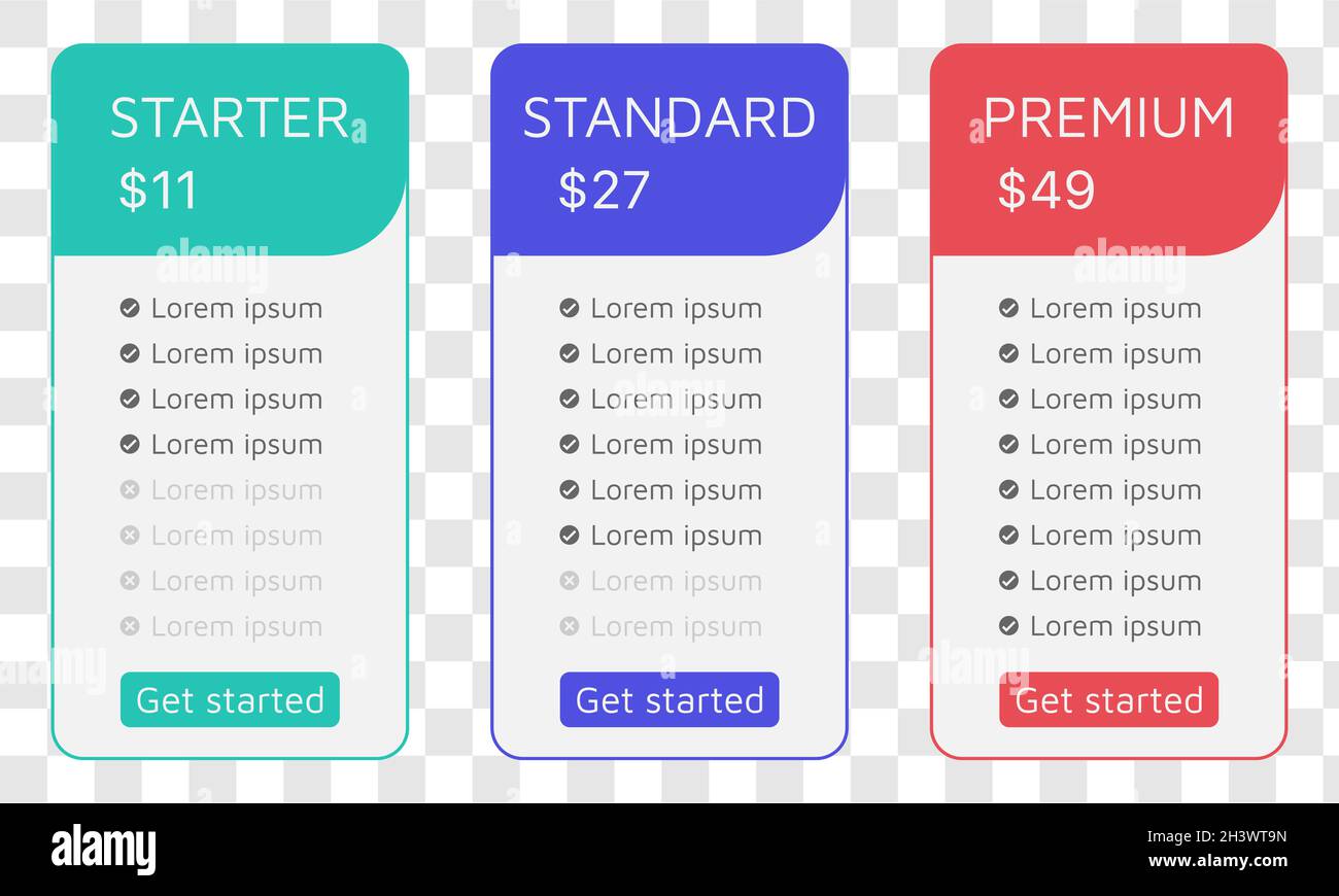 Pricing table design template with three subscription options for ...