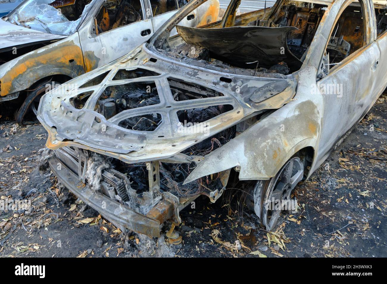 Burnt out body of car.Arson, short circuit Stock Photo - Alamy