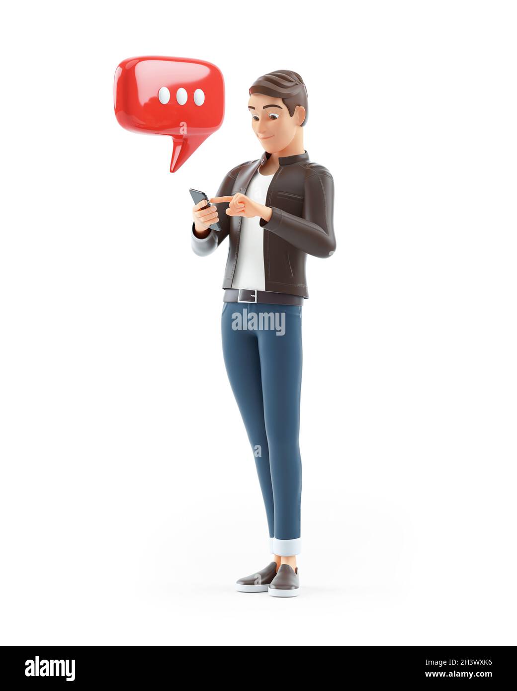 3d cartoon man texting with smartphone, illustration isolated on white ...
