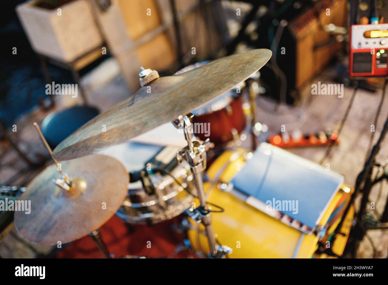 Close-up of a drum cymbal in a drum kit on a blurred background of ...