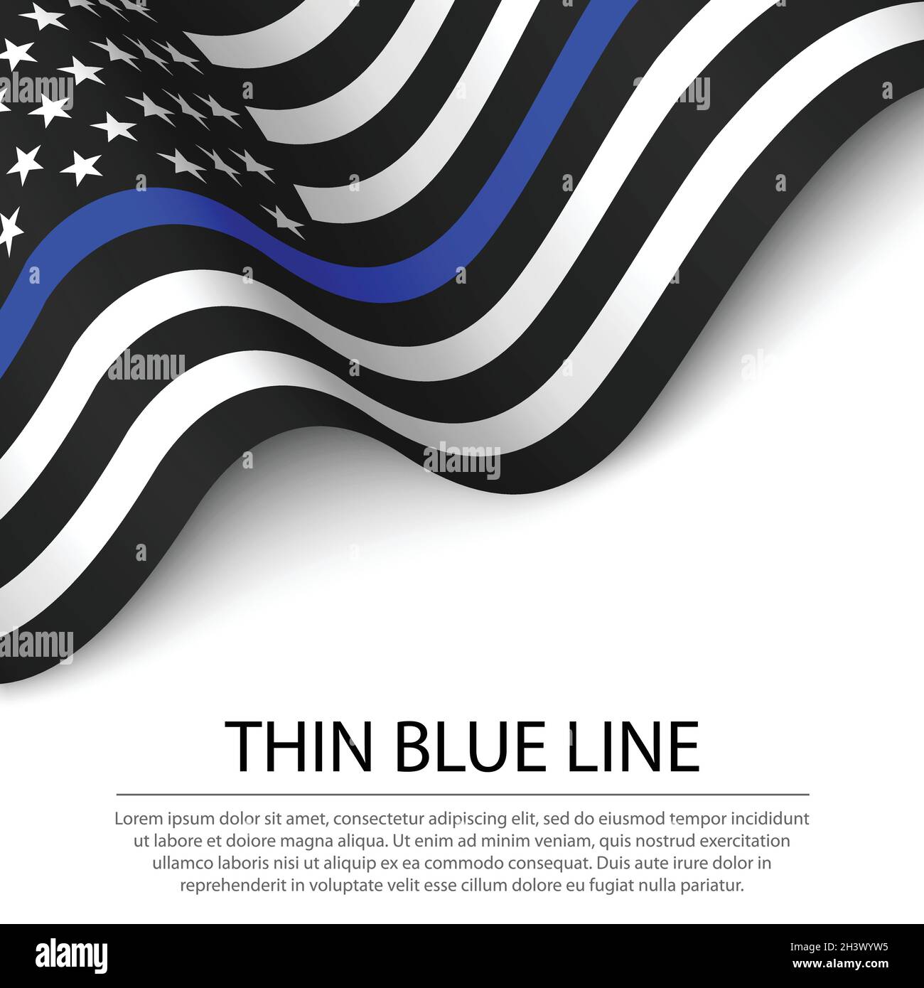Waving flag of United States with Thin blue line on white background ...