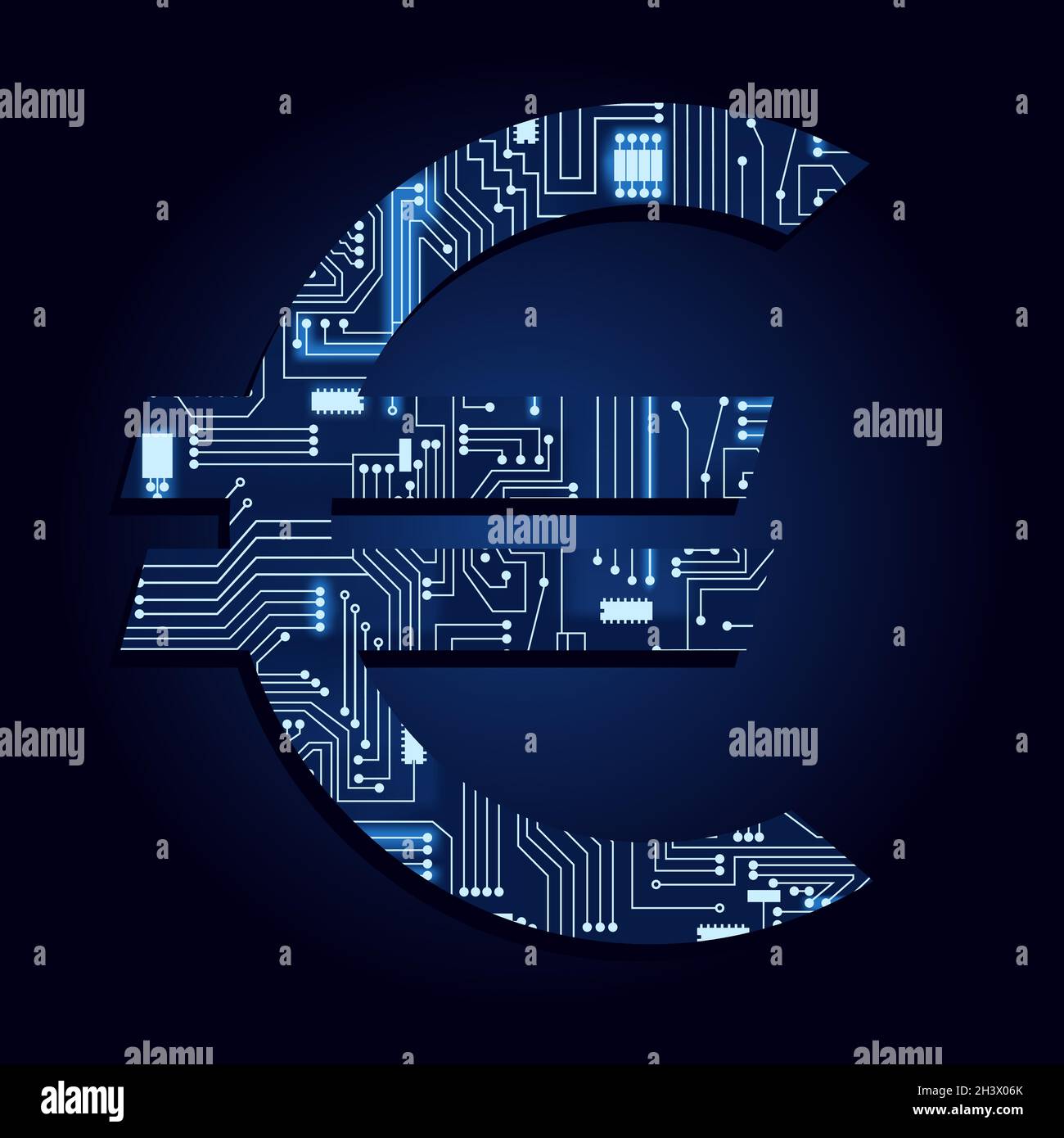 Euro symbol with a technological electronics circuit. Blue background ...