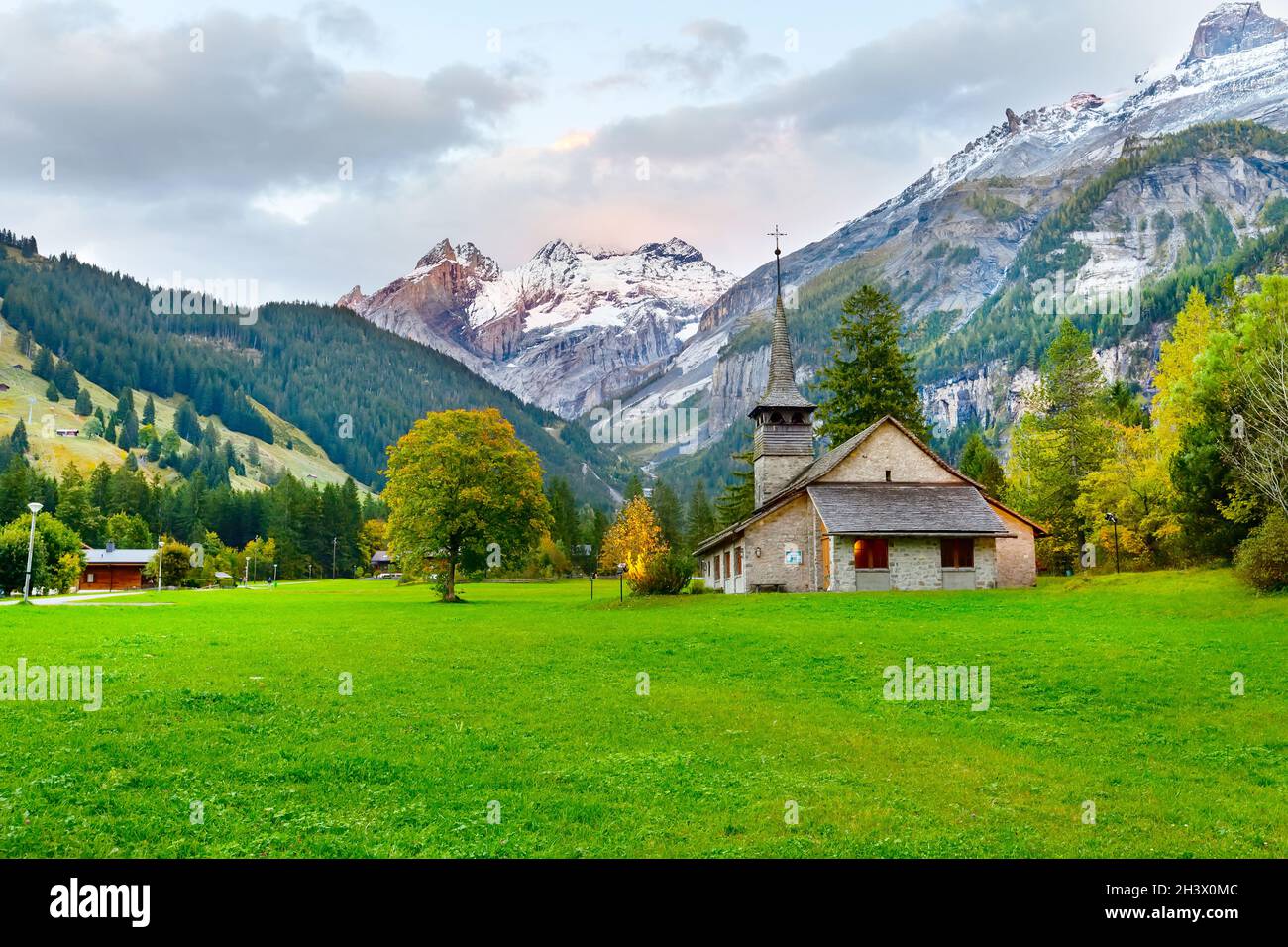 Kandersteg church, sunset mountains, Switzerland Stock Photo - Alamy