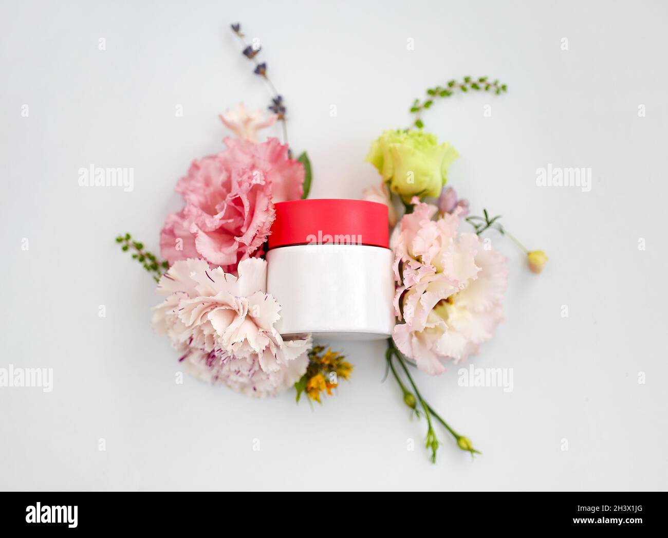 Flat lay of face cream with fresh rose flowers Stock Photo - Alamy