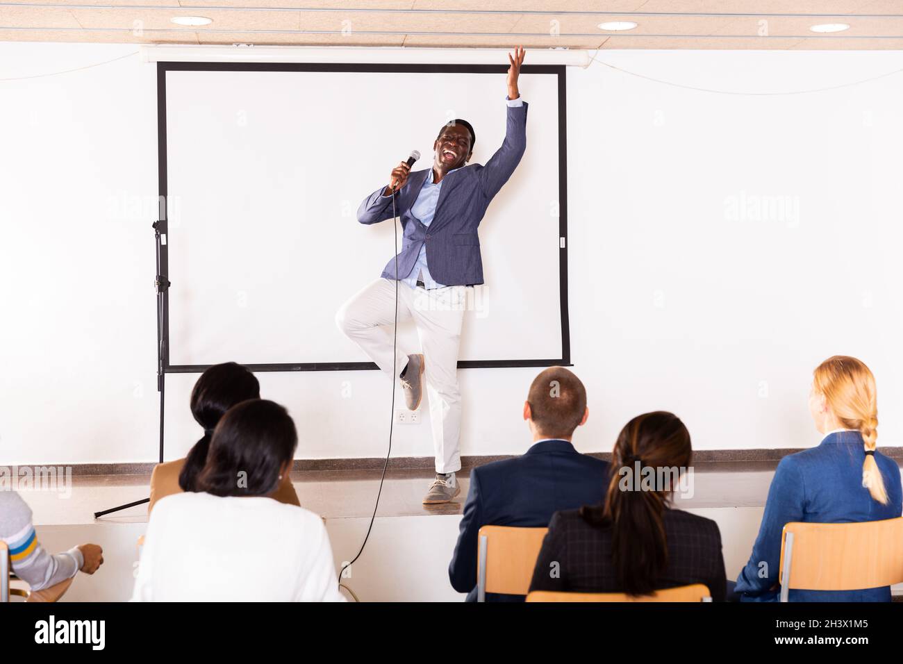 Excited african american preacher giving motivational speech Stock ...