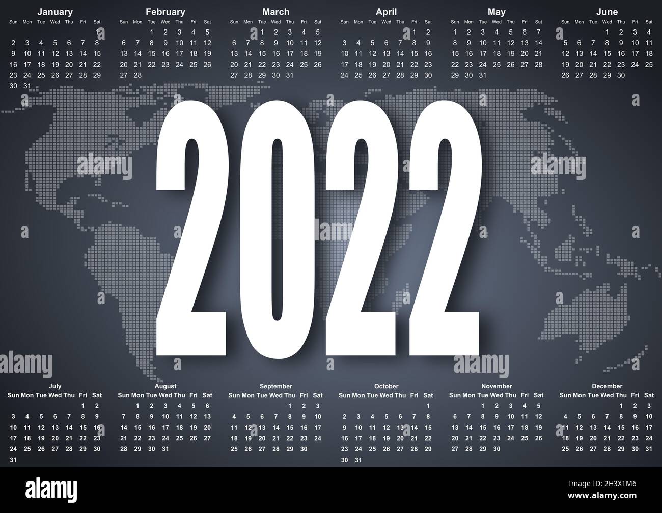 Modern design calendar for year 2022 mondays first on world map ...