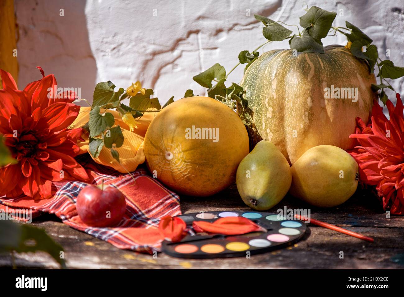 Autumn aesthetic fair: yellow fruits and vegetables and bright paints ...