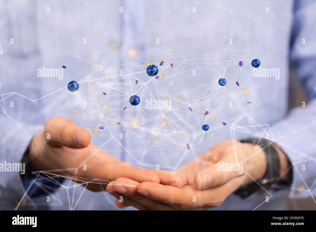 3D rendering of floating digital data network symbol on hand Stock ...