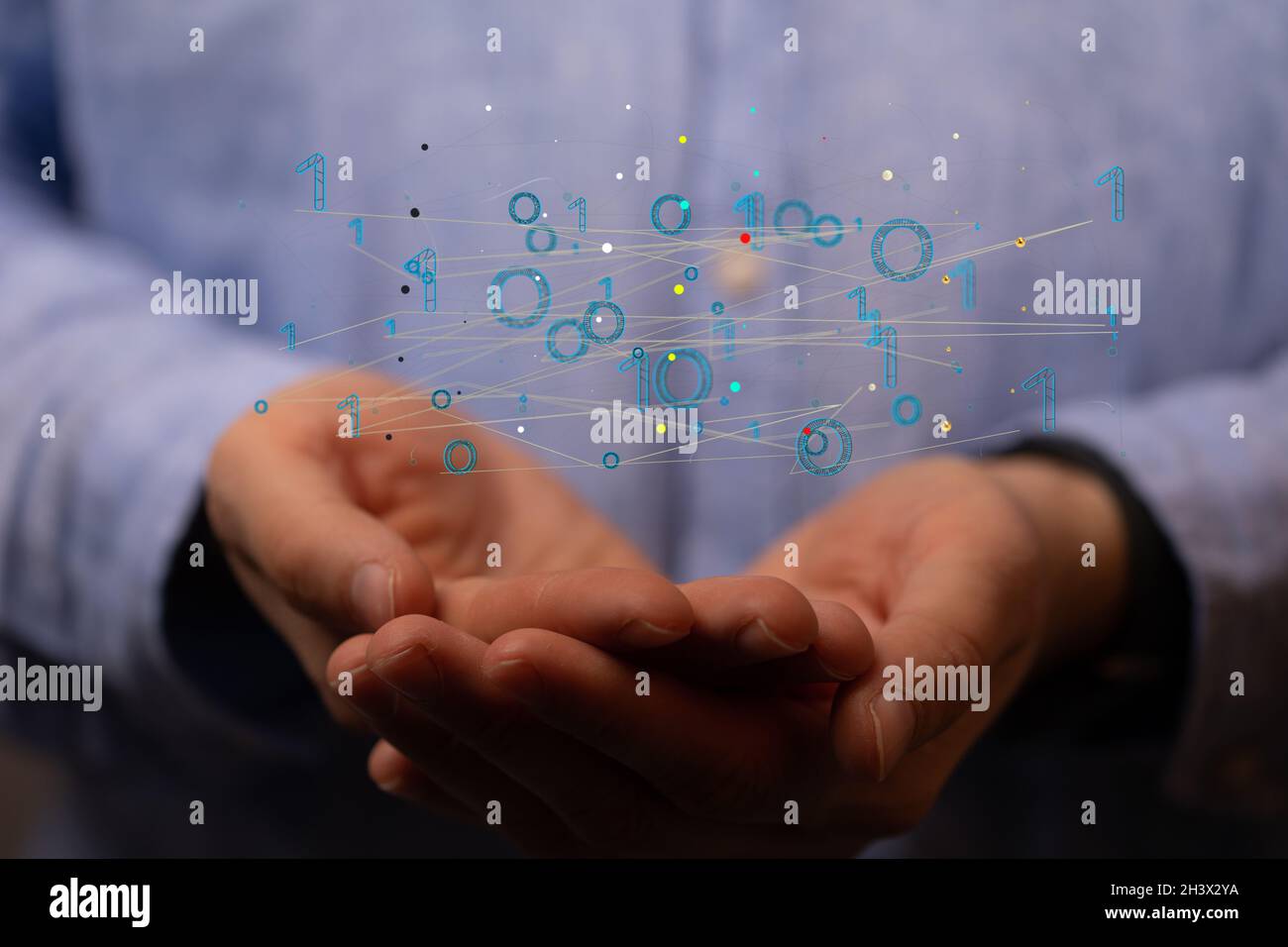 3D rendering of floating digital data network symbol on hand Stock ...