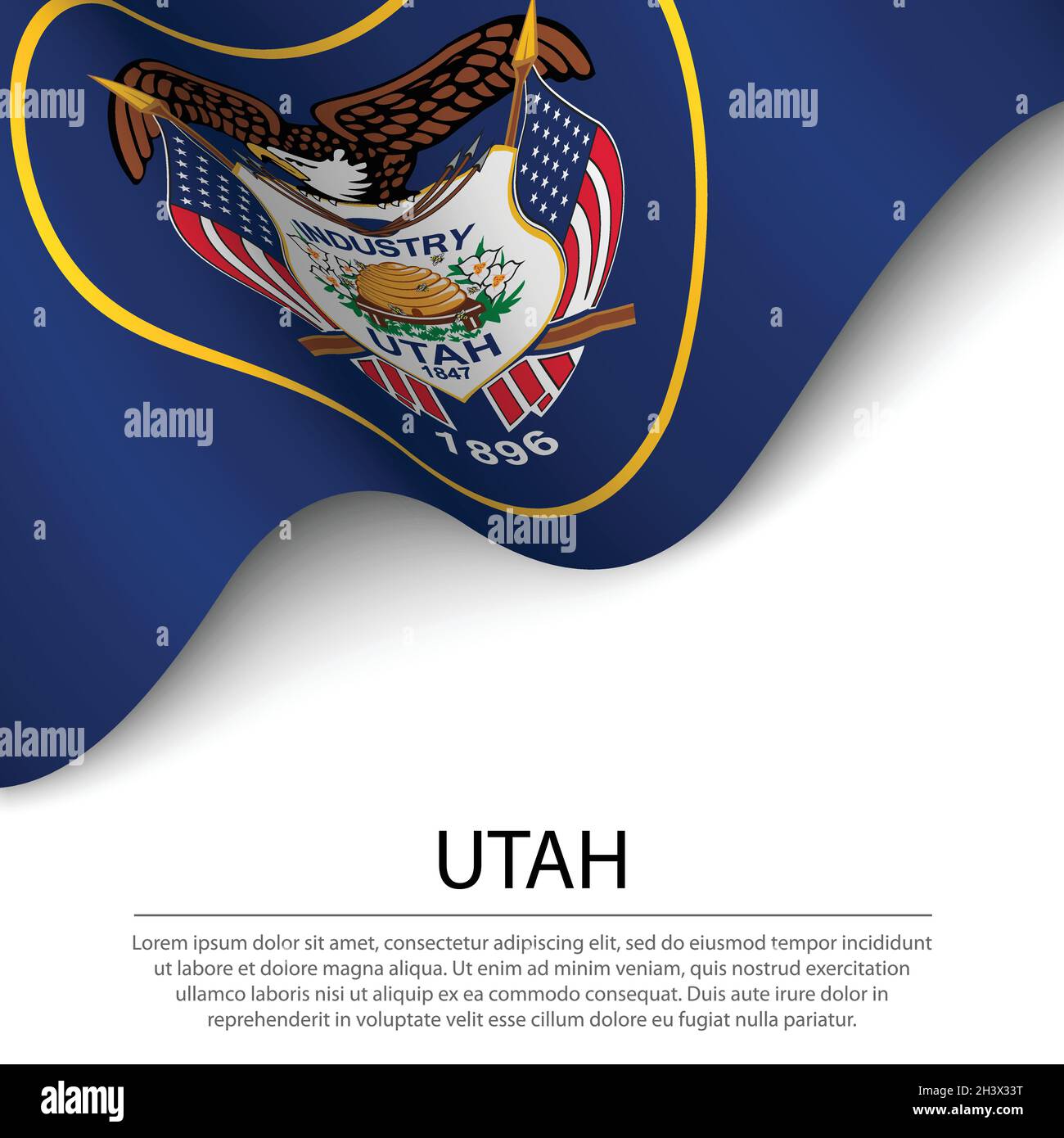 Waving flag of Utah is a state of USA on white background. Banner or ...