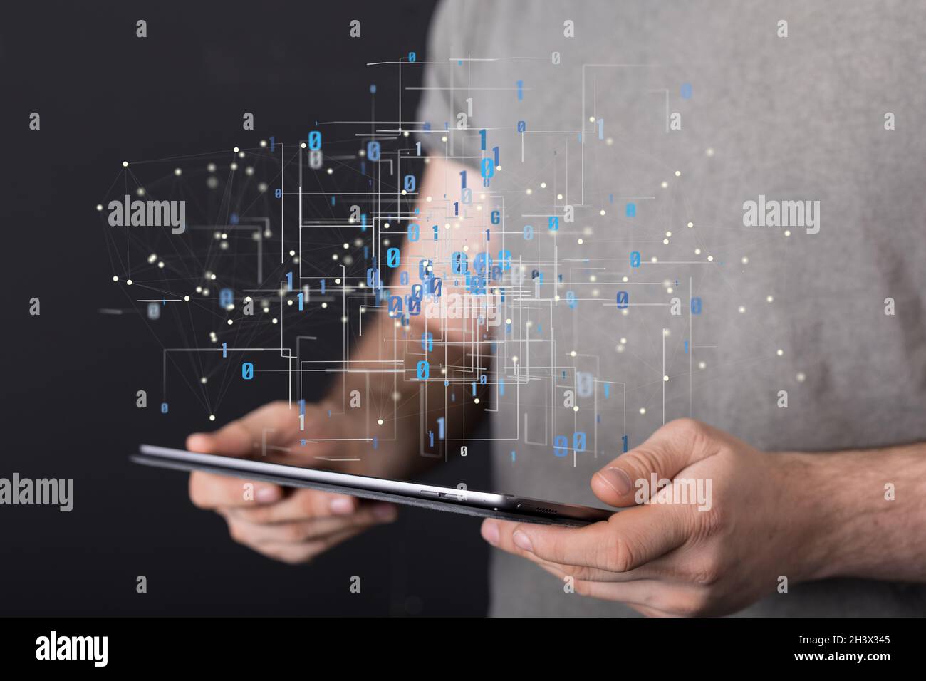 Closeup Of 3d Rendering Of Cybersecurity With Binary Codes Floating On A Humans Hand Stock